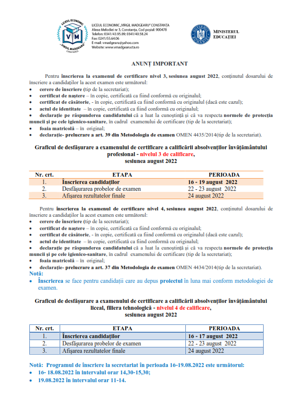 Examen de certificare competențe profesionale – Liceul Economic „Virgil ...